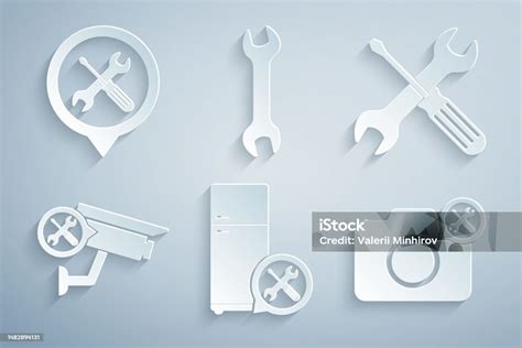 냉장고 서비스 십자 드라이버 및 렌치 보안 카메라 사진 렌치 및 위치 아이콘을 설정합니다 벡터 3차원 형태에 대한 스톡 벡터 아트 및 기타 이미지 Istock
