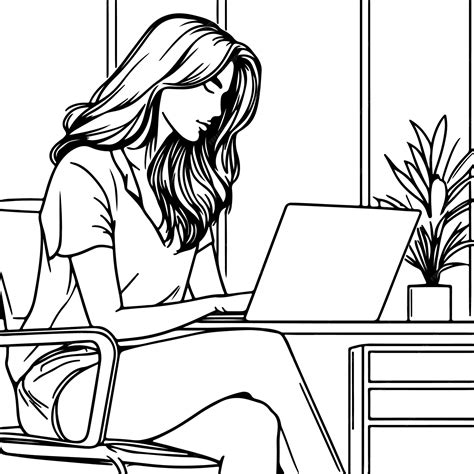 Premium Vector A Line Art Of An Woman Engaged With Laptop In An