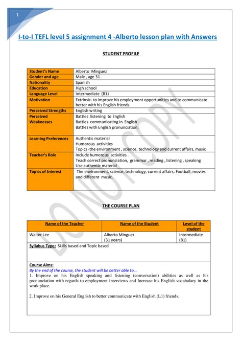 I To I Tefl Level 5 Assignment 4 Alberto Lesson Plan With Answers