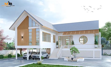 บ้านคอนกรีตทรงแอล ยกพื้นใต้ถุนสูง ภายในเล่นระดับ 2 ห้องนอน 2 ห้องน้ำ