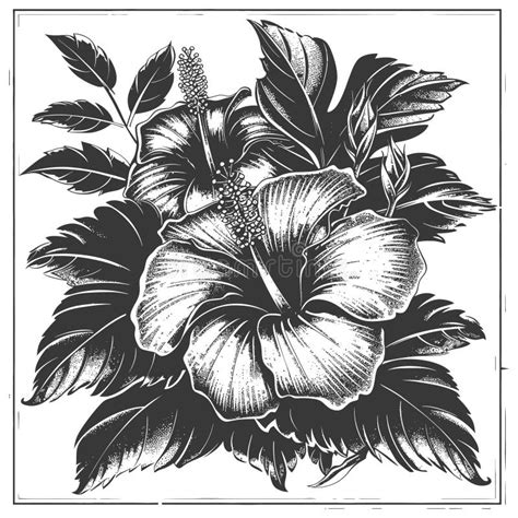 Elegant Black And White Hibiscus Flower Illustration Botanical Print Stock Vector