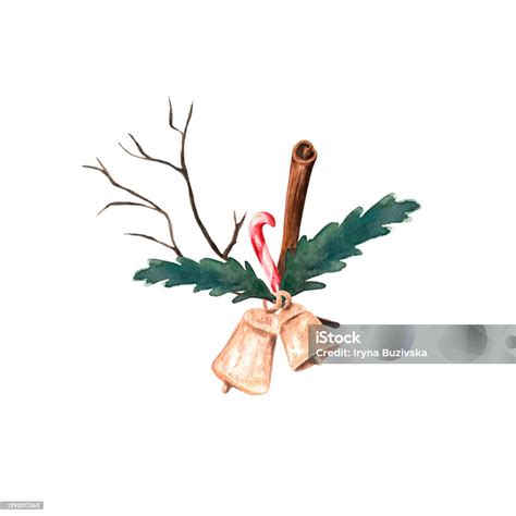 수채화 크리스마스 꽃다발 식물 식물 마른 가지 계피 황금 종 사탕 지팡이 웨딩 초대장 엽서 플로리스트 숍 로고 축제 프린트를