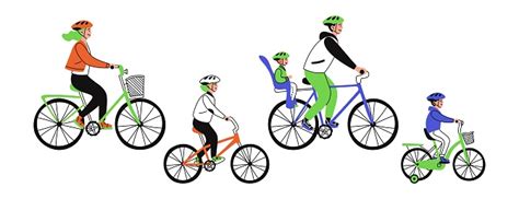 흰색 배경에 고립 된 자전거에 세 명의 자녀와 함께하는 가족 에코 운송 개념 자연을 보살핍니다 스포츠 벡터 플랫 라인 낙서 그림 단순함에 대한 스톡 벡터 아트 및 기타
