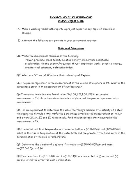 Physics Holiday Homework A Comprehensive Assignment On Units