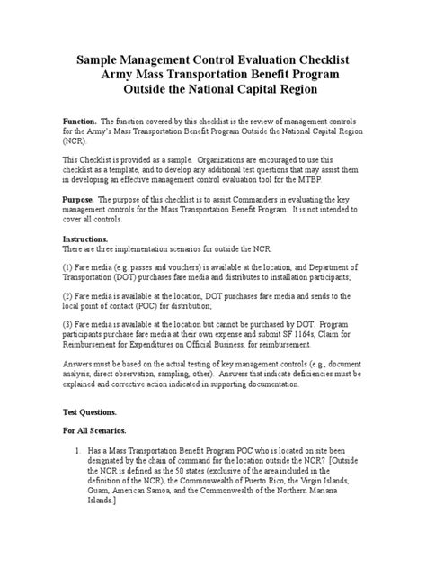 Sample Management Control Evaluation Checklist Army Mass Transportation Benefit Program Outside