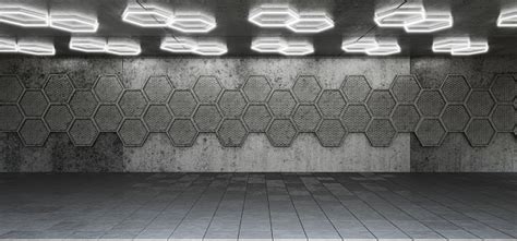 당신의 제품을 위한 시멘트 연단 제품 프리젠테이션을 위한 회색 콘크리트 배경 미래 지향적 인 차고 또는 격납고 회색 콘크리트 배경입니다 육각형 패턴의 차고 또는 격납고 3d