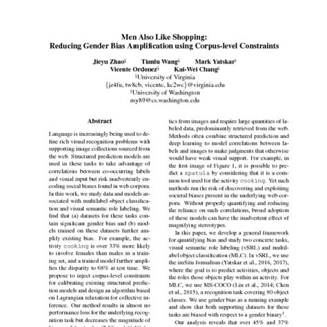 Men Also Like Shopping Reducing Gender Bias Amplification Using Corpus Level Constraints Acl