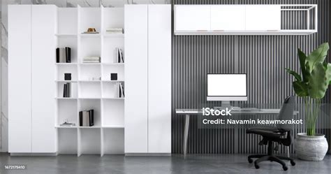 인테리어 책상 위의 컴퓨터 및 사무 도구 흰색 일본식 인테리어 디자인 0명에 대한 스톡 사진 및 기타 이미지 0명 3차원 형태 개념 Istock