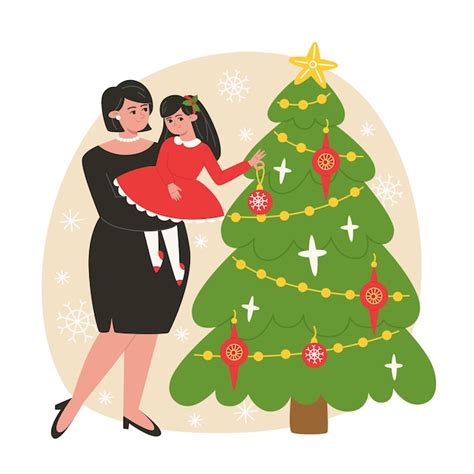플랫 스타일로 크리스마스 트리 그림을 장식하는 엄마와 딸 프리미엄 벡터