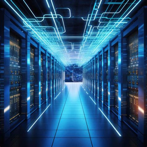 Modern Interior Data Center Server Room Connection And Cyber Network On Dark Servers Stock