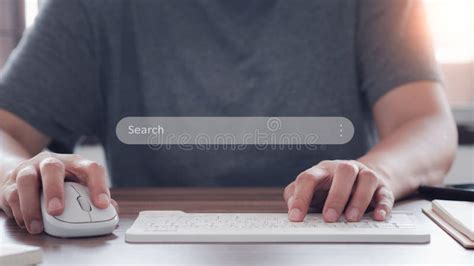 Man Typing Keyboard Showing Search Bar On The Virtual Screen To