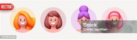 미소로 여자 아바타 얼굴 아이콘 사용자 사용자입니다 둥근 프레임에서 여성과 어린 소녀의 클로즈업 얼굴 행복한 사람들의 집합은