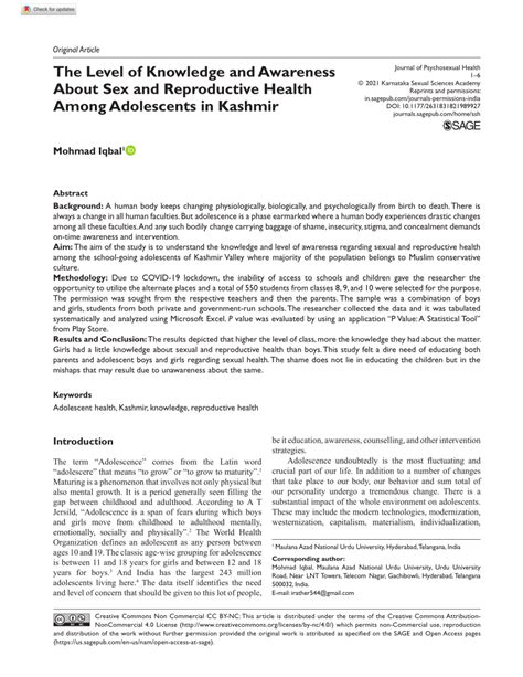 Pdf The Level Of Knowledge And Awareness About Sex And Reproductive Health Among Adolescents
