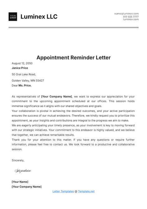 Appointment Reminder Letter Template Edit Online And Download Example