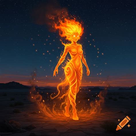 A Glowing Fire Elemental Female With Fiery Hair And Body Walks Across A