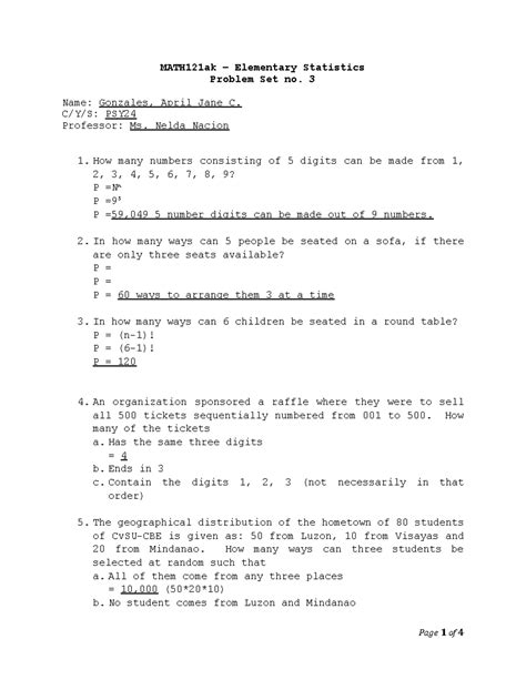 Math121ak Elementary Statistics Problem Math121ak Elementary Statistics Problem Set No 3