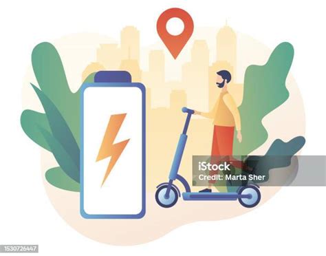 작은 남자 Ridу 전기 스쿠터 전기 스쿠터 대여 생태 수송 개념 도시 교통 현대적인 라이프 스타일 현대 평면 만화 스타일입니다 흰색 배경에 벡터 그림 Brand Name