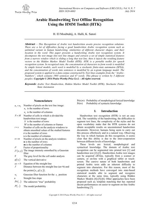 Pdf Arabic Handwriting Text Offline Recognition Using The Hmm Toolkit