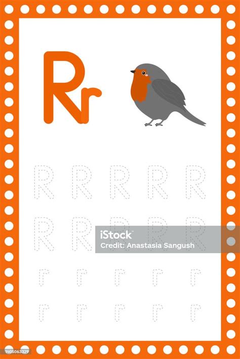 문자 R 소문자입니다 워크시트 어린이 교육 로빈 일러스트레이션 벡터 조판 알파벳순 글꼴 유치원 훈련 0명에 대한 스톡 벡터 아트