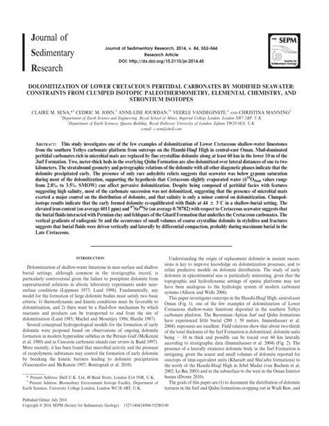 Pdf Early Dolomitization Of A Lower Cretaceous Shallow Water