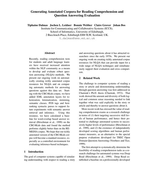 Pdf Generating Annotated Corpora For Reading Comprehension And