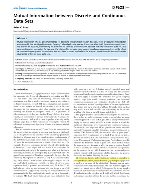 Mutual Information Between Discrete And Continuous Data Sets Pdf