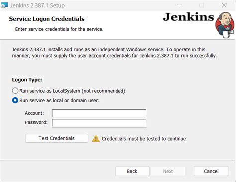 continuous integration jenkins installation windows 11 home edition service logon credentials