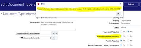 Manage Document Types Allow Multiple Occurrences Option From Y To N — Cloud Customer Connect