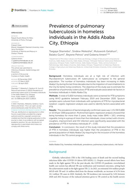 Pdf Prevalence Of Pulmonary Tuberculosis In Homeless Individuals In
