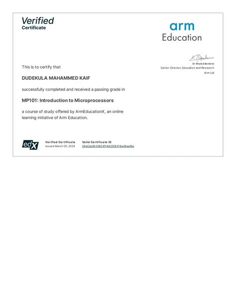 Certification On Introduction To Microprocessors By Arm Mahammed