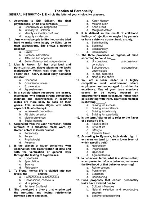 Exam Top Sample Questions For Theories Of Personality All Chapters