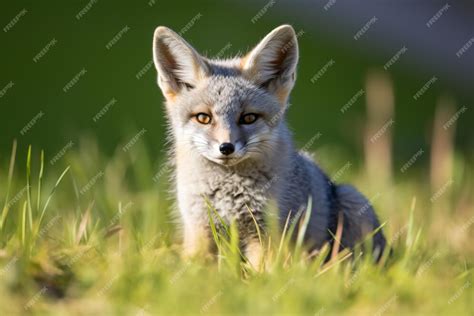 Premium Ai Image A Small Fox Sitting In The Grass Looking At The Camera