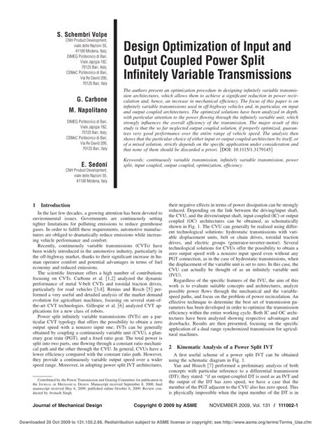 PDF Design Optimization Of Input And Output Coupled Power Split Infinitely Variable Transmissions