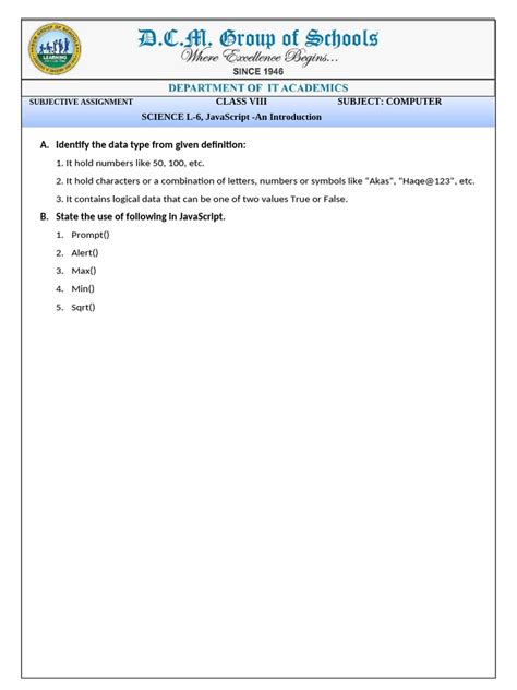 It Viii L 6 Subjective Assignment Javascript An Introduction Pdf