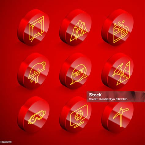 광산 입구 석탄을 운반하는 컨베이어 벨트 광부 헬멧 다이너마이트 건설 착암기 안전 고글 안경 및 보석 돌 아이콘을 설정합니다 벡터 3차원 형태에 대한 스톡 벡터 아트 및