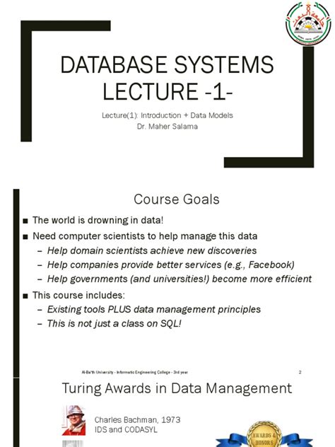 Database Systems Lecture 1 Lecture 1 Introduction Data Models