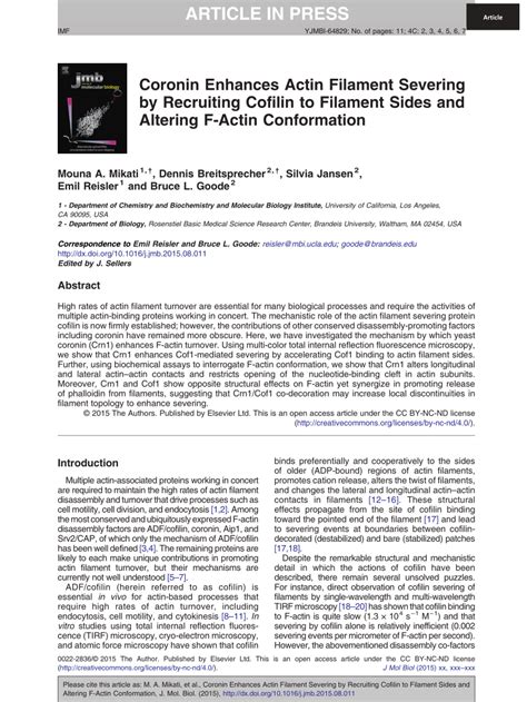 Pdf Coronin Enhances Actin Filament Severing By Recruiting Cofilin To Filament Sides And