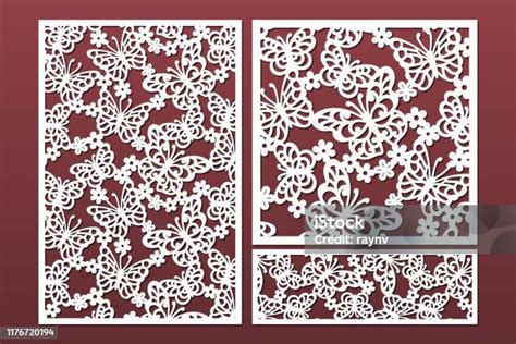 나비와 꽃의 패턴 레이저 컷 캐비닛 프렛 워크 천공 패널 외부 절단을 위한 템플릿 세트입니다 금속 종이 또는 나무 조각 야외 화면 레이저에 대한 스톡 벡터 아트 및 기타