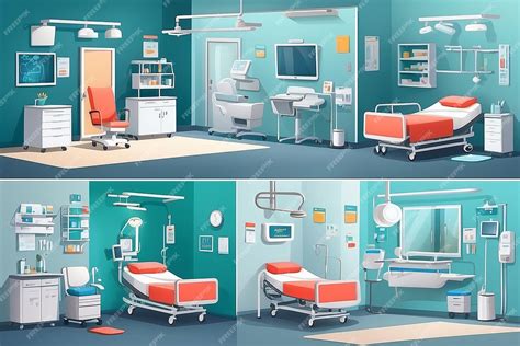 Hospital Rooms Flat Vector Illustrations Set Doctor Office Cartoon