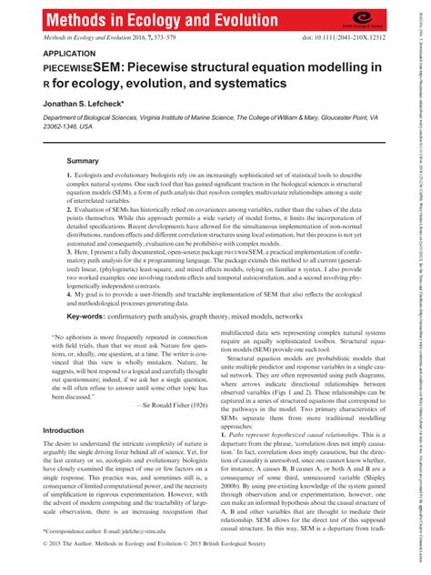 Methods Ecol Evol 2015 Lefcheck Piecewisesem Piecewise Structural Equation Modelling In R