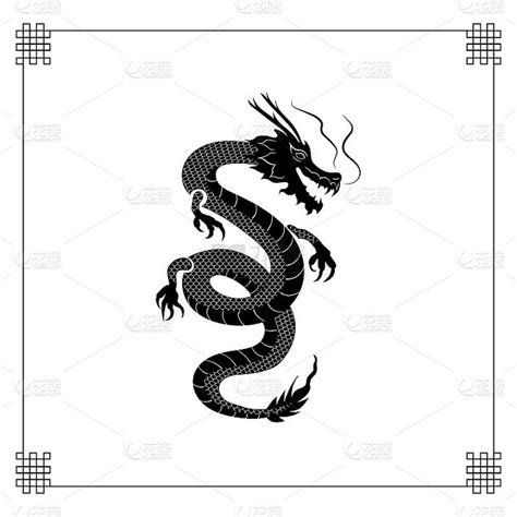 向量东方龙，黑色纹身风格剪影与传统框架。