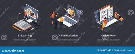 Isometric Set Of Education Concept E Learning Online Education Online Exam Stock Vector