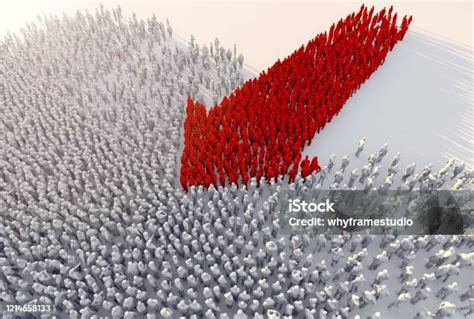 3d 일러스트 성공 리더십 비즈니스 아이디어 개념 군중 사람들 화살표 양식 Topview 햇빛과 흰색 바닥에 힘과 강력한 결정으로 앞으로 이동 1위에 대한 스톡 사진 및