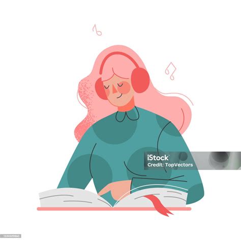 헤드폰 독서 책 벡터 일러스트에서 분홍색 머리 여성 캐릭터와 함께 듣고 팟 캐스트 또는 음성 에피소드 세리에 낱말에 대한 스톡 벡터 아트 및 기타 이미지 Istock