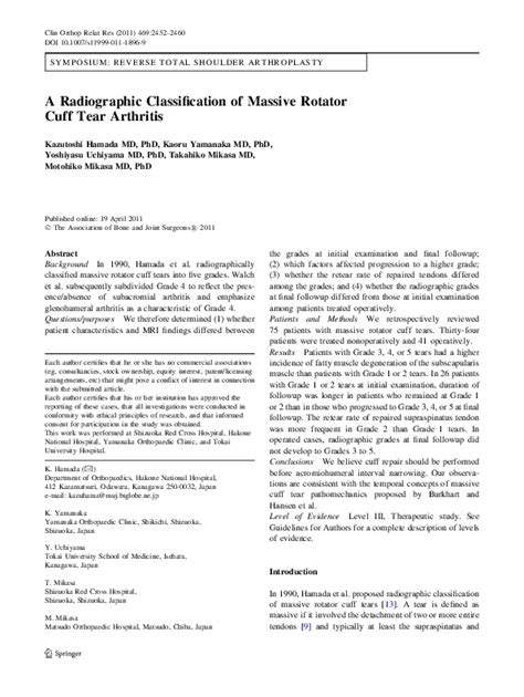 Pdf A Radiographic Classification Of Massive Rotator Cuff Tear Arthritis