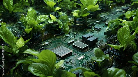 Green Plants Grow Among Circuit Boards Nature Meets Technology Chips Wires Leaves Intertwine
