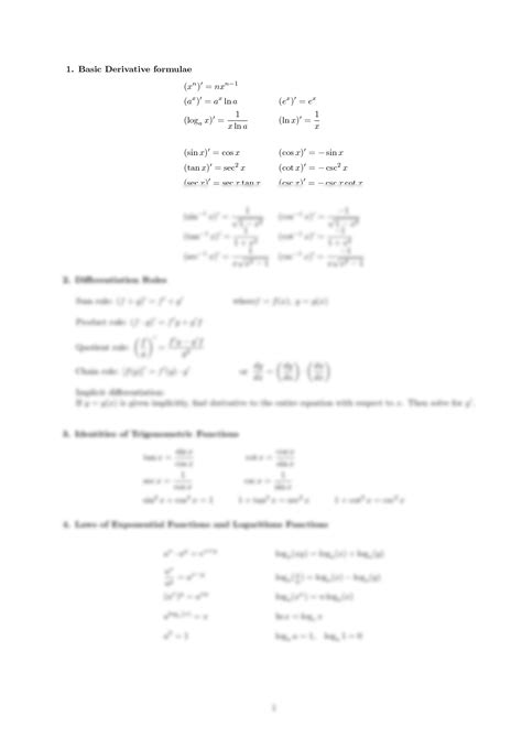SOLUTION Formulas Derivative Worksheet Studypool