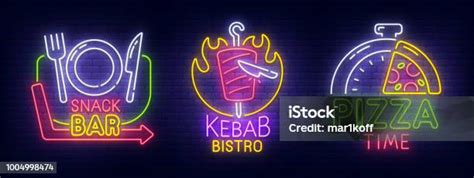 큰 설정된 네온 광고 판 테마 패스트 푸드입니다 답 바 케밥 카페와 피자 시간 네온 사인 스티커 밝은 간판 라이트 배너 고립 벡터 일러스트 레이 션 네온에 대한 스톡 벡터