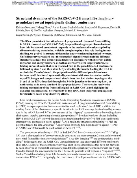 Pdf Structural Dynamics Of The Sars Cov 2 Frameshift Stimulatory Pseudoknot Reveal