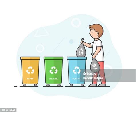 제로 폐기물의 개념 재활용 기술과 지구를 저장합니다 남자는 폐기물을 분류하고 추가 재활용을 위해 적절한 용기에 넣어 만화 선형 윤곽 선개 플랫 스타일 벡터 일러스트레이션 0
